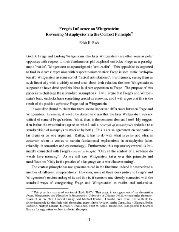 (PDF) Frege's Influence on Wittgenstein: Reversing Metaphysics via the ...