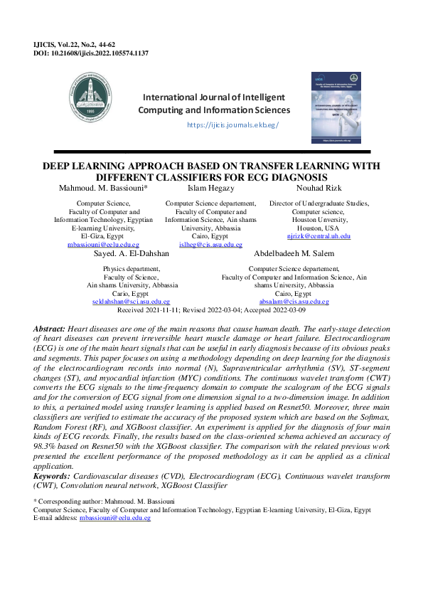 (PDF) Deep Learning Approach Based on Transfer Learning with Different Classifiers for Ecg Diagnosis