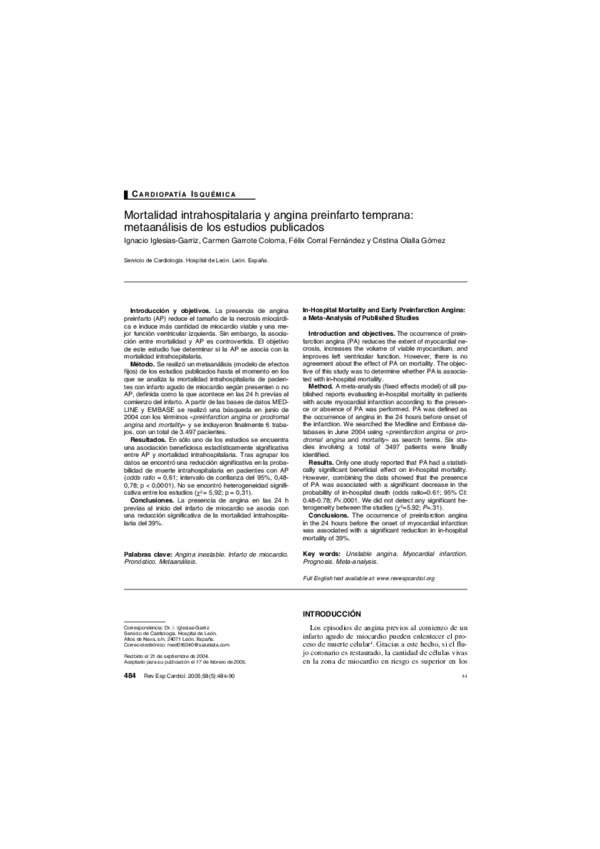 (PDF) Mortalidad intrahospitalaria y angina preinfarto temprana ...