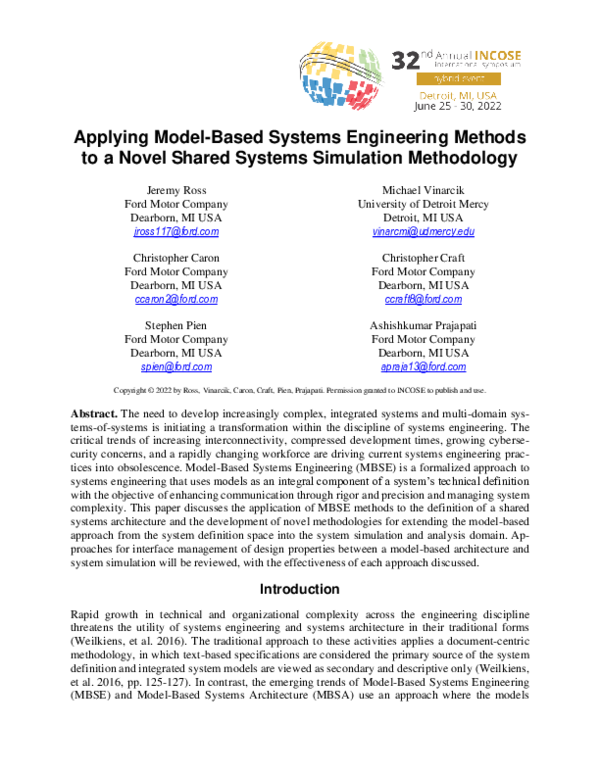 (PDF) Applying Model-Based Systems Engineering Methods to a Novel Shared Systems Simulation ...