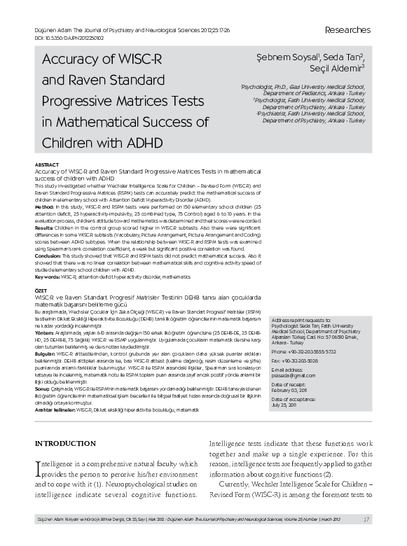 (PDF) WISC-R ve Raven Standart Progresif Matrisler Testinin DEHB tanısı ...