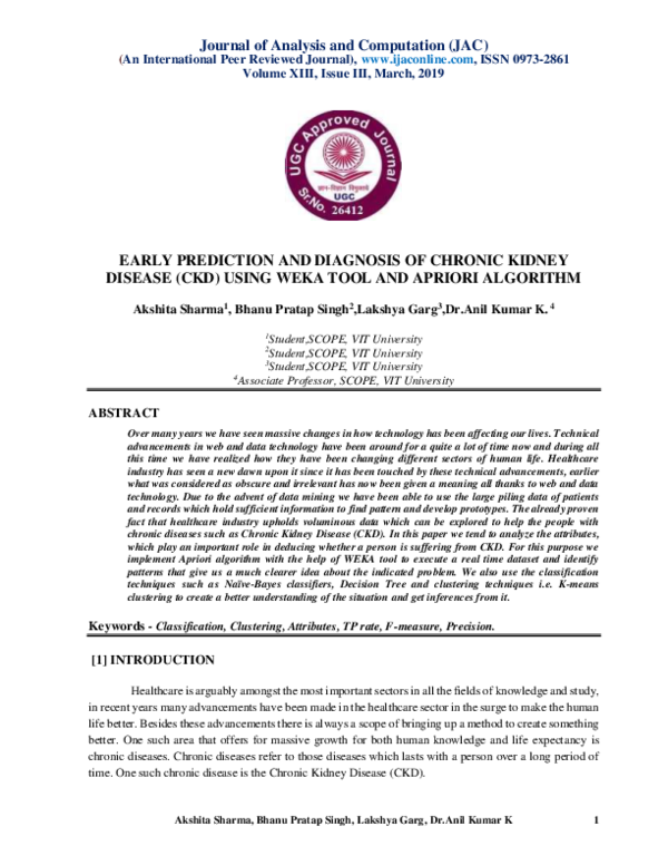 (PDF) Early Prediction and Diagnosis of Chronic Kidney Disease ( CKD ) Using Weka Tool and ...