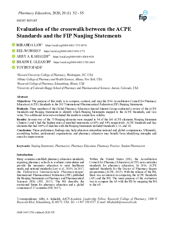 (PDF) Mapping ACPE Standards to FIP Nanjing Statements