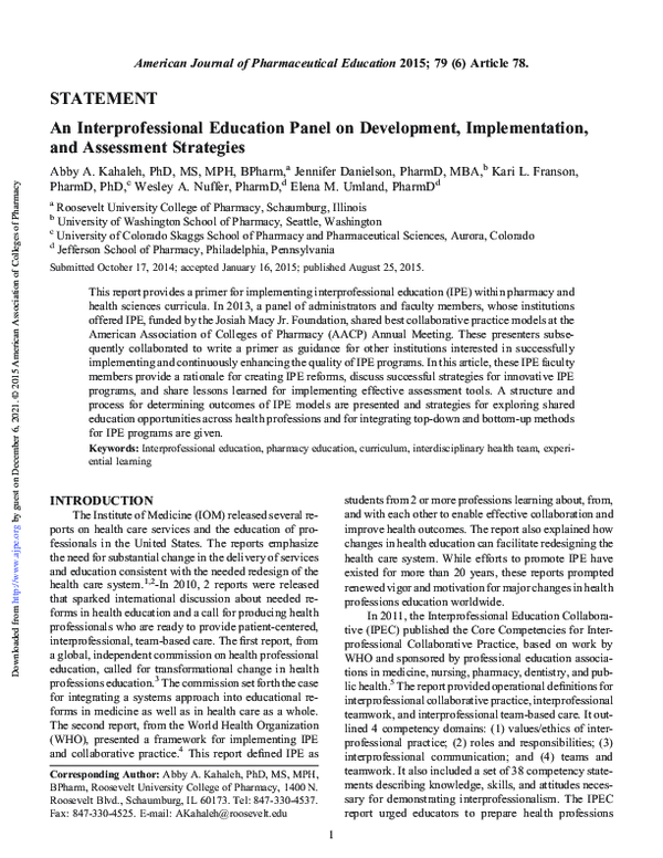 (PDF) An Interprofessional Education Panel on Development, Implementation, and Assessment Strategies