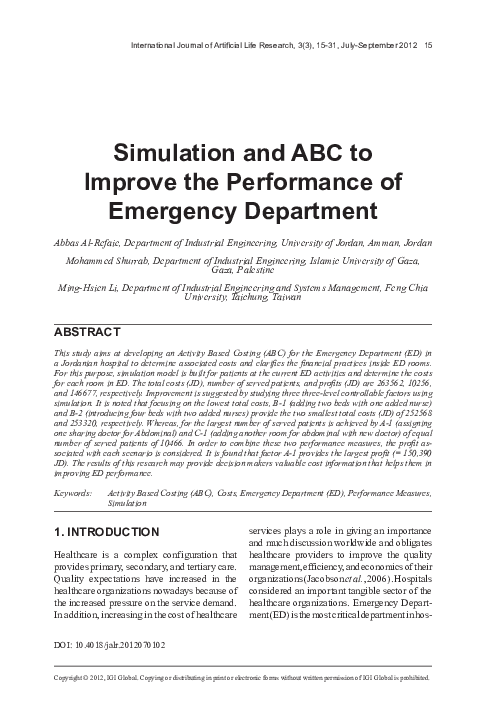 (PDF) Simulation and ABC to Improve the Performance of Emergency Department