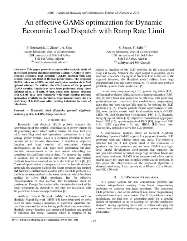 (PDF) An effective GAMS optimization for Dynamic Economic Load Dispatch with Ramp Rate Limit