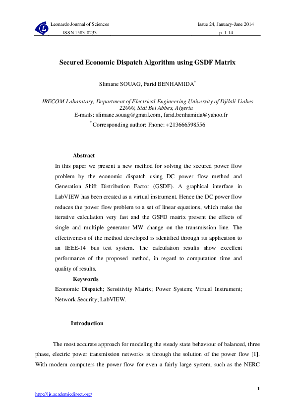 (PDF) Secured Economic Dispatch Algorithm using GSDF Matrix
