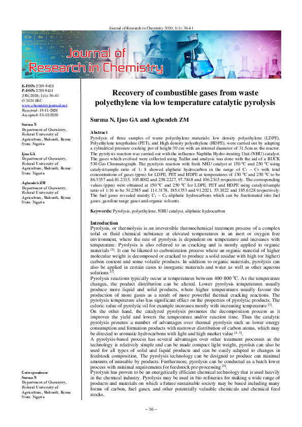 (PDF) Recovery of combustible gases from waste polyethylene via low temperature catalytic pyrolysis