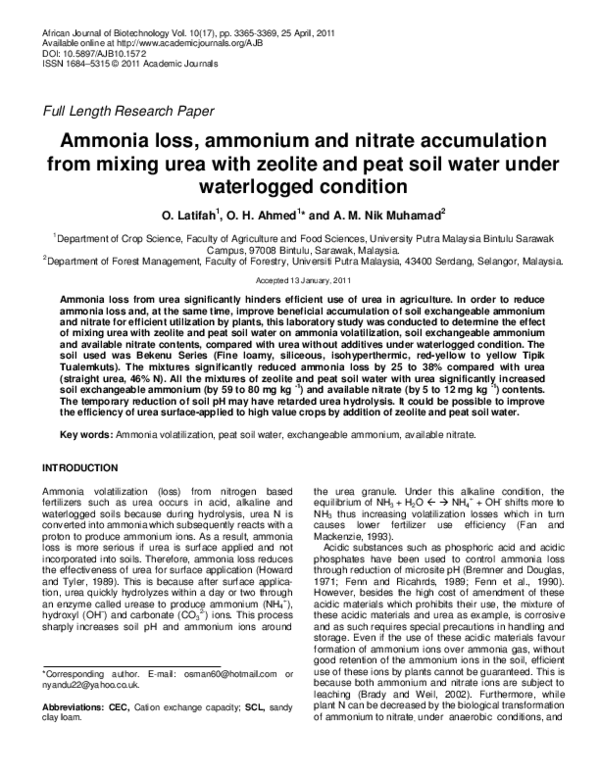 (PDF) Ammonia loss, ammonium and nitrate accumulation from mixing urea ...