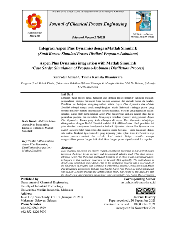 (PDF) Integrasi Aspen Plus Dynamics dengan Matlab Simulink (Studi Kasus: Simulasi Proses ...