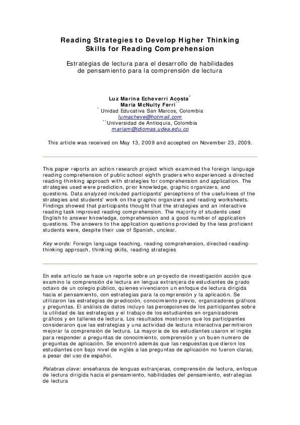 (PDF) Reading Strategies to Develop Higher Thinking Skills for Reading ...