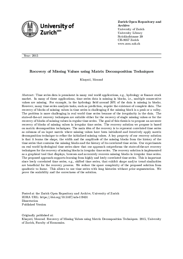 (PDF) Recovery of Missing Values using Matrix Decomposition Techniques | Mourad Khayati ...