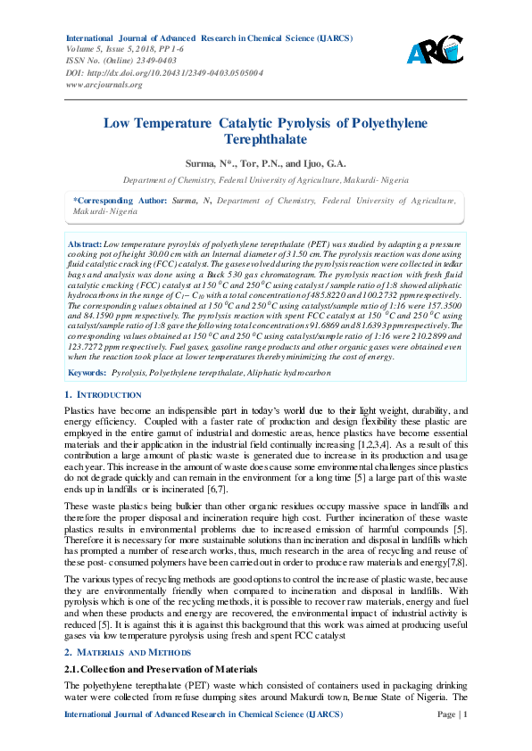 (PDF) Low Temperature Catalytic Pyrolysis of Polyethylene Terephthalate