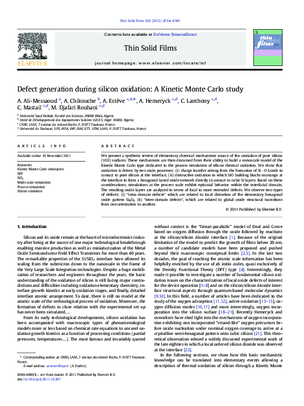 (PDF) Defect generation during silicon oxidation: A Kinetic Monte Carlo ...