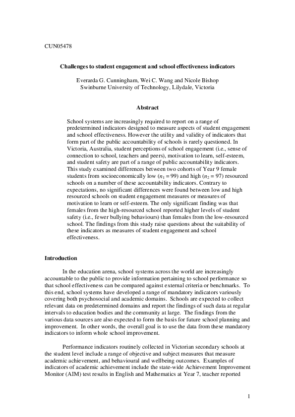 (PDF) Challenges to Student Engagement and School Effectiveness Indicators