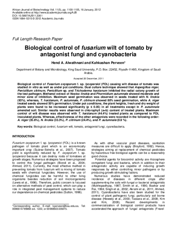 (PDF) Biological control of fusarium wilt of tomato by antagonist fungi and cyanobacteria