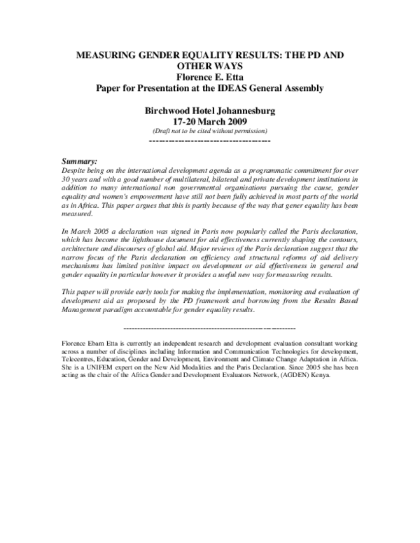 (PDF) Measuring Gender Equality Results : The PD and Other Ways