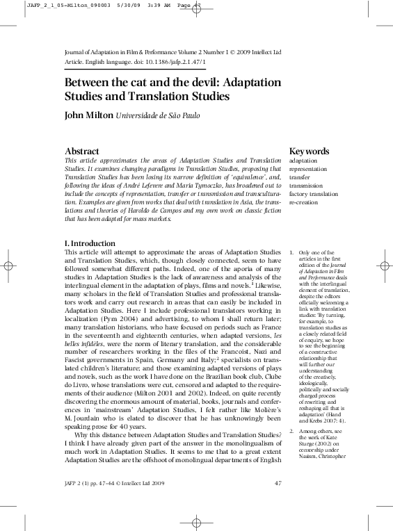 (PDF) Between the cat and the devil: Adaptation Studies and Translation ...