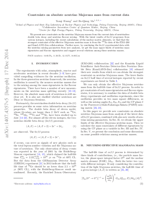 (PDF) Constraints on absolute neutrino Majorana mass from current data