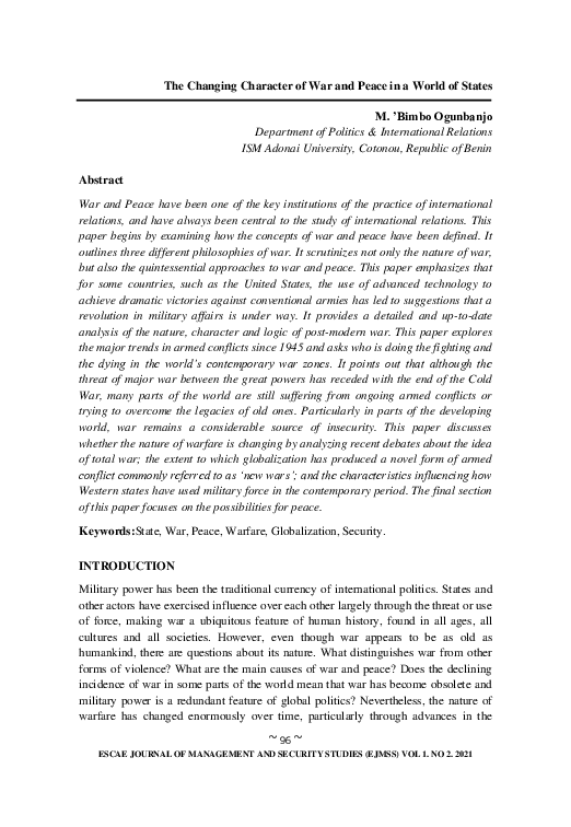 (PDF) The Changing Character of War and Peace in a World of States