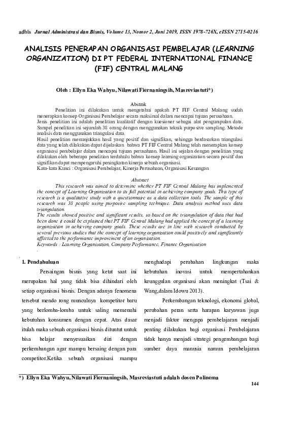 (PDF) Analisis Penerapan Organisasi Pembelajar (Learning Organization ...