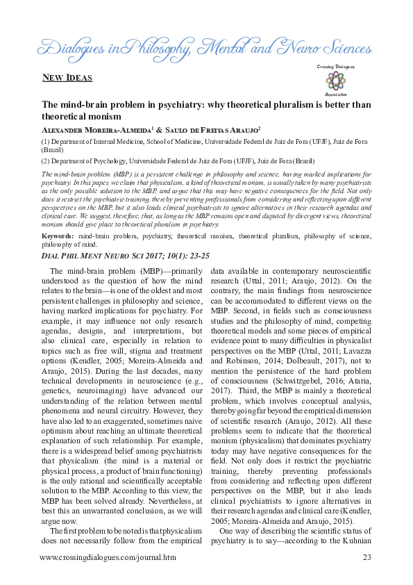 (PDF) The mind-brain problem in psychiatry: why theoretical pluralism ...