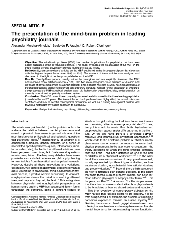 (PDF) The presentation of the mind-brain problem in leading psychiatry ...