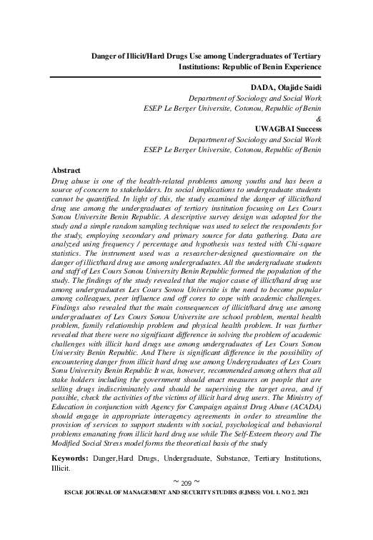 (PDF) Danger of Illicit /Hard Drugs Use among Undergraduates of ...