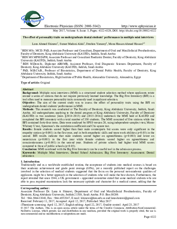 (PDF) The effect of personality traits on undergraduate dental students ...