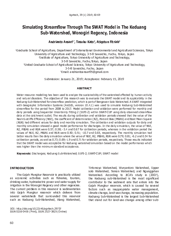 (PDF) Simulating Streamflow Through The SWAT Model in The Keduang Sub-Watershed, Wonogiri ...