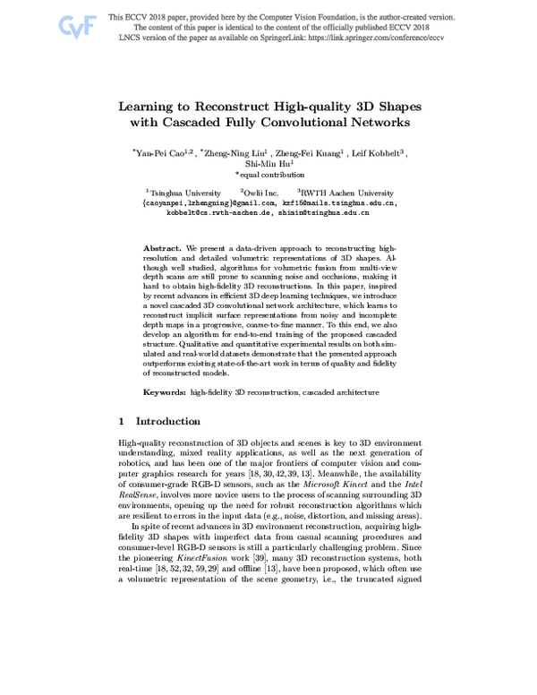(PDF) Learning to Reconstruct High-Quality 3D Shapes with Cascaded Fully Convolutional Networks