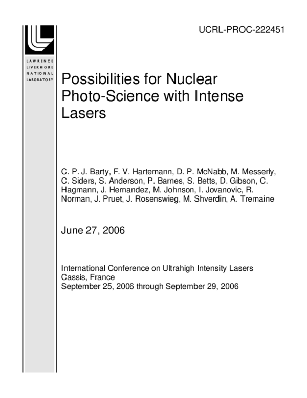 (PDF) Possibilities for Nuclear Photo-Science with Intense Lasers