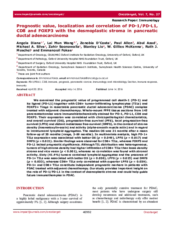 (PDF) Prognostic value, localization and correlation of PD-1/PD-L1, CD8 and FOXP3 with the ...