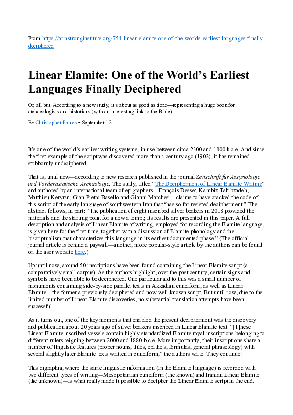 (PDF) Linear Elamite: One of the World's Earliest Languages Finally ...
