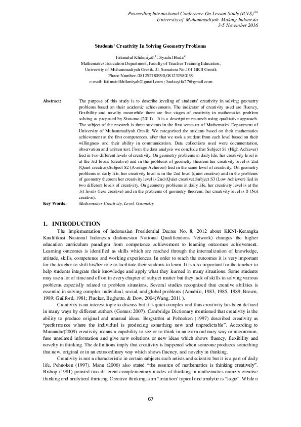 (PDF) Students’ Creativity In Solving Geometry Problems