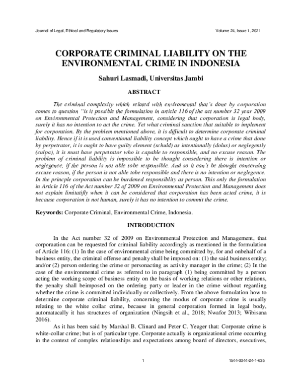 (PDF) Corporate Criminal Liability on the Environmental Crime in Indonesia