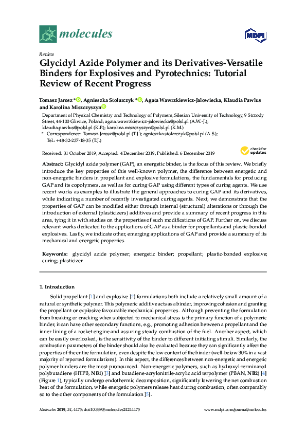 (PDF) Glycidyl Azide Polymer and its Derivatives-Versatile Binders for ...