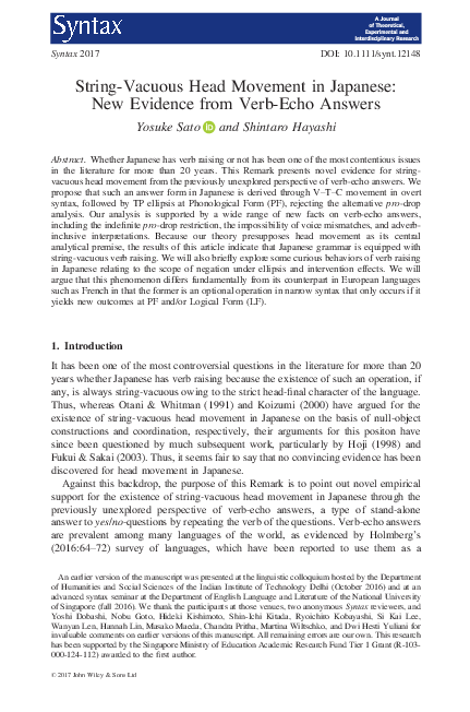 (PDF) String-Vacuous Head Movement in Japanese: New Evidence from Verb ...