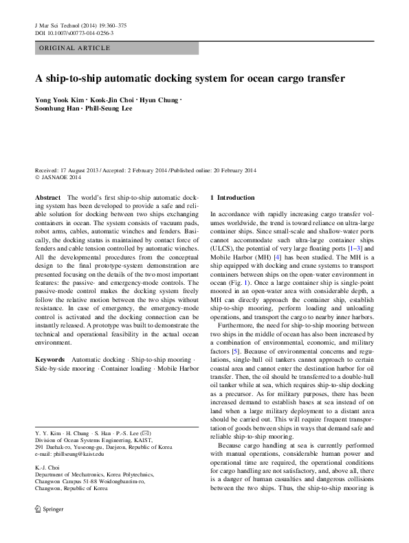 (PDF) A ship-to-ship automatic docking system for ocean cargo transfer