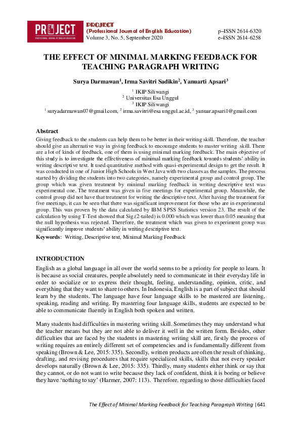 (PDF) The Effect of Minimal Marking Feedback for Teaching Paragraph Writing
