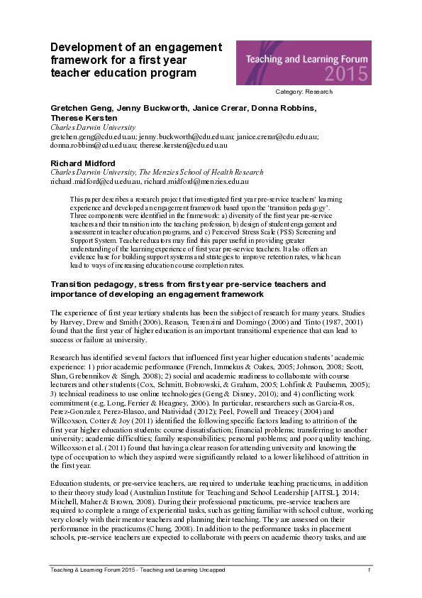 (PDF) Development of an engagement framework for a first year teacher ...