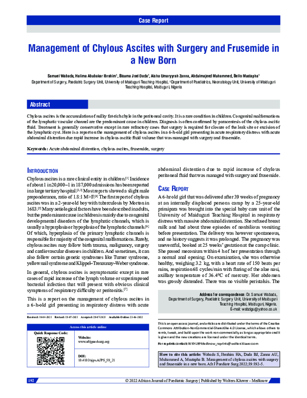 (PDF) Management of Chylous Ascites with Surgery and Frusemide in a New ...