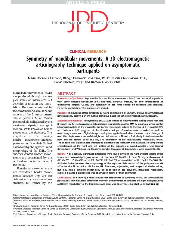 Pdf Symmetry Of Mandibular Movements A 3d Electromagnetic Articulography Technique Applied On