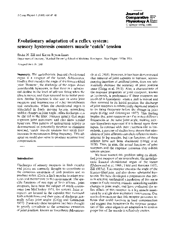 (PDF) Evolutionary adaptation of a reflex system: sensory hysteresis ...