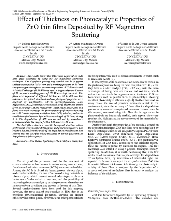 (PDF) Effect of Thickness on Photocatalytic Properties of ZnO thin films Deposited by RF ...