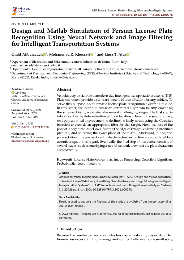 Pdf Design And Matlab Simulation Of Persian License Plate Recognition