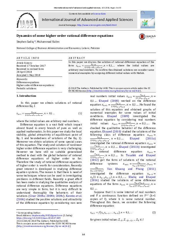 Pdf Dynamics Of Some Higher Order Rational Difference Equations Stephen Sadiq