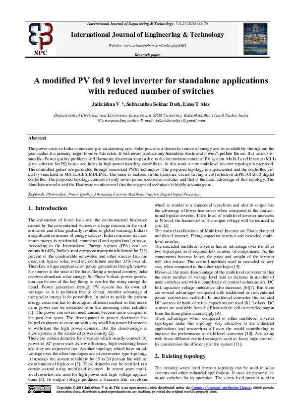 Pdf A Modified Pv Fed 9 Level Inverter For Standalone Applications With Reduced Number Of