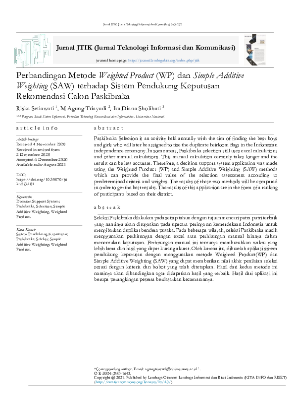 (PDF) Perbandingan Metode Weighted Product (WP) dan Simple Additive Weighting (SAW) terhadap ...