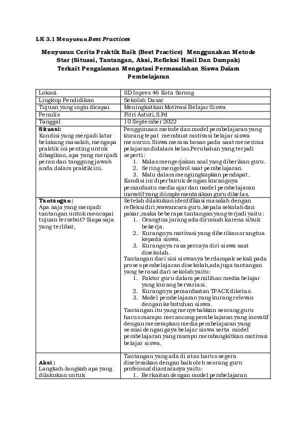 (PDF) FITRI ASTUTI LK 3.1 Menyusun Best Practices (2)